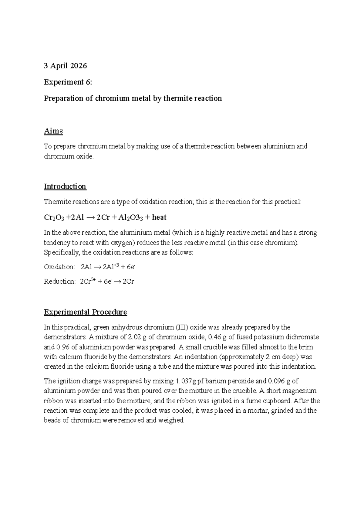 Chem261 Practical 6: Chromium Metal Preparation via Thermite Reaction ...
