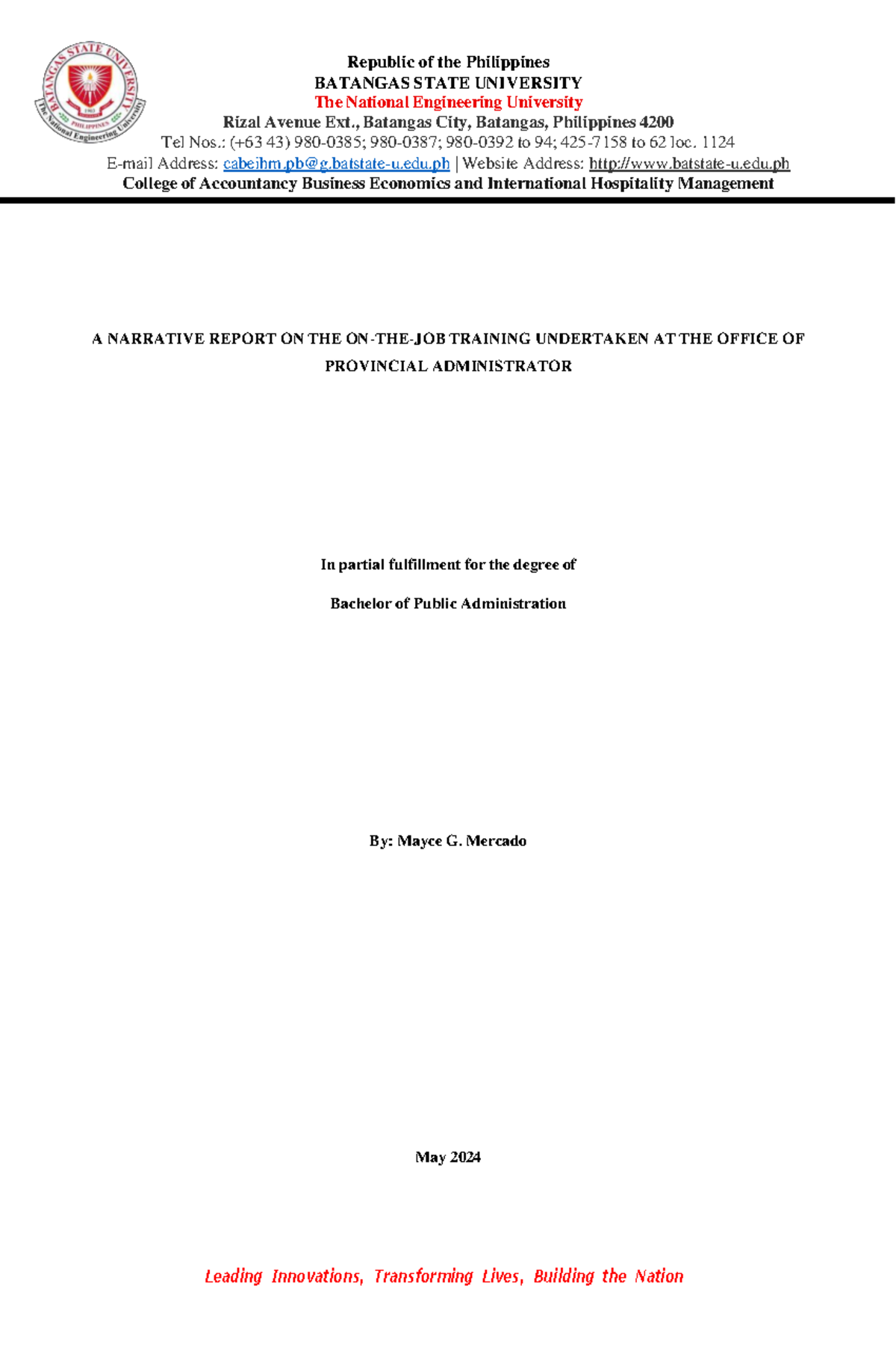 Narrative Report on OJT at the Office of Provincial Administrator (BPA ...