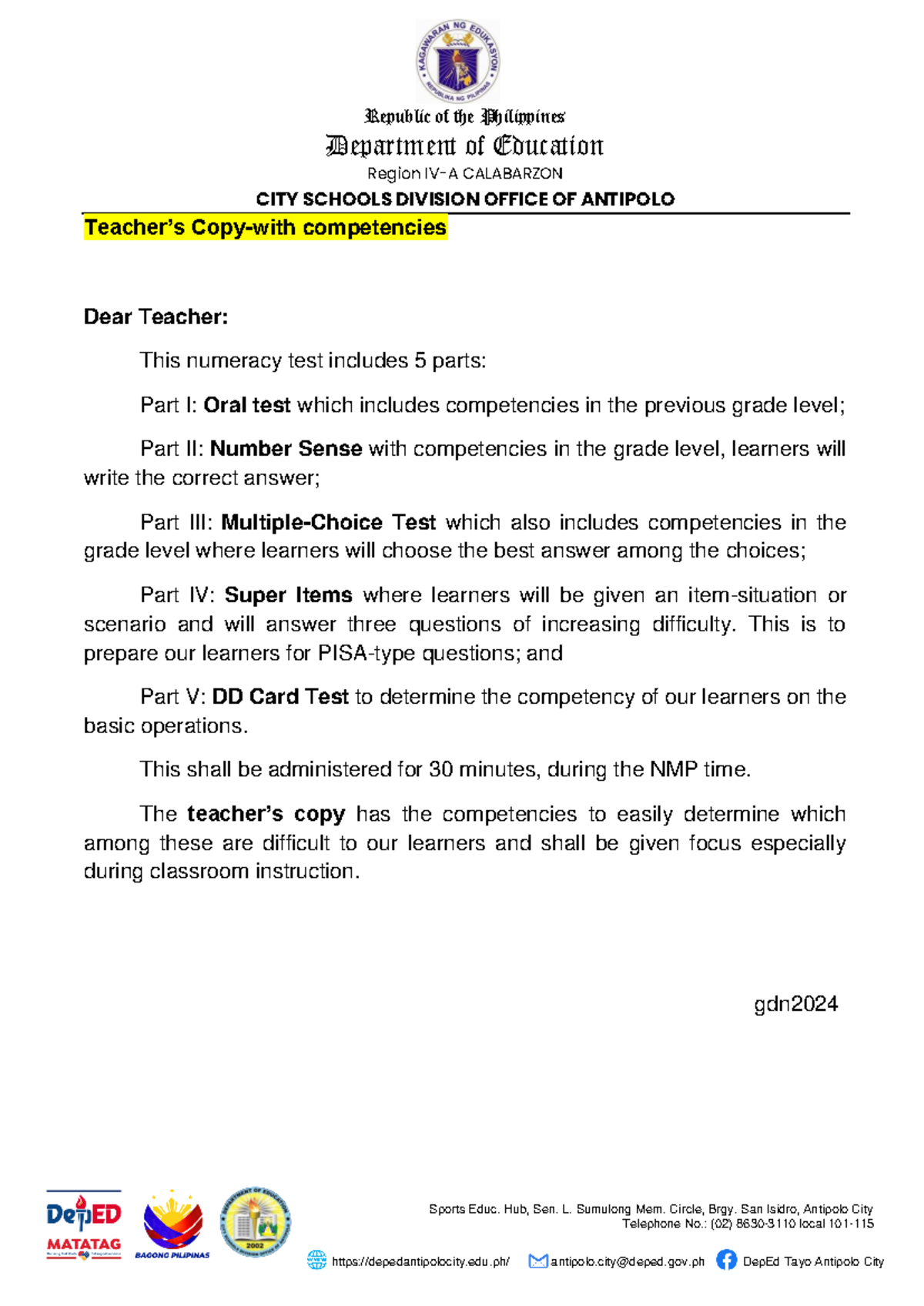 Final Teachers Copy: Grade 3 Numeracy Test SY 2024-2025 - Studocu