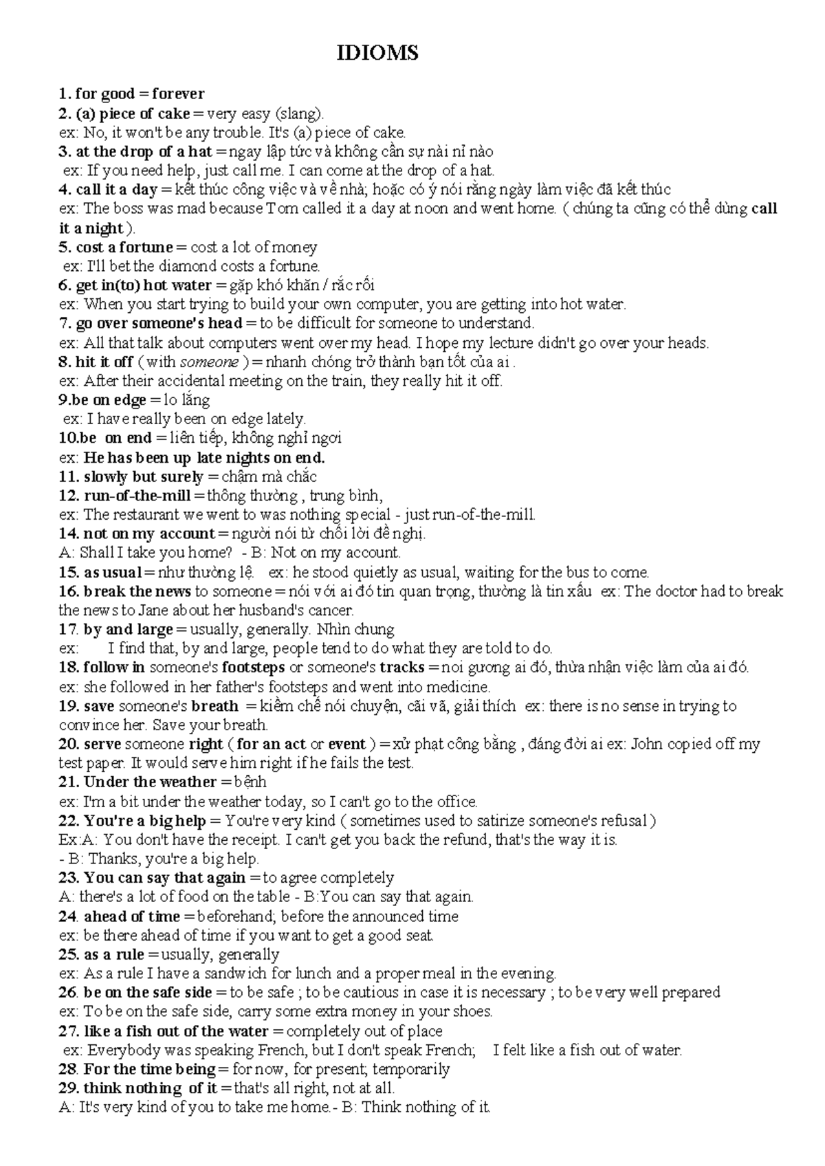 IDIOMS (Thanh ngu) - Comprehensive List and Examples - Studocu
