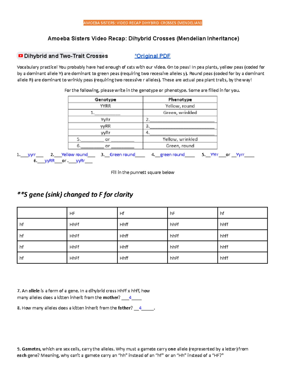 Dihybrid Crosses & Mendelian Genetics - AMOEBA SISTERS Video Recap - Studocu