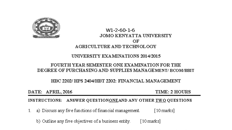 HBC HPS 2202: Financial Management Exam Notes - April 2016 - Studocu