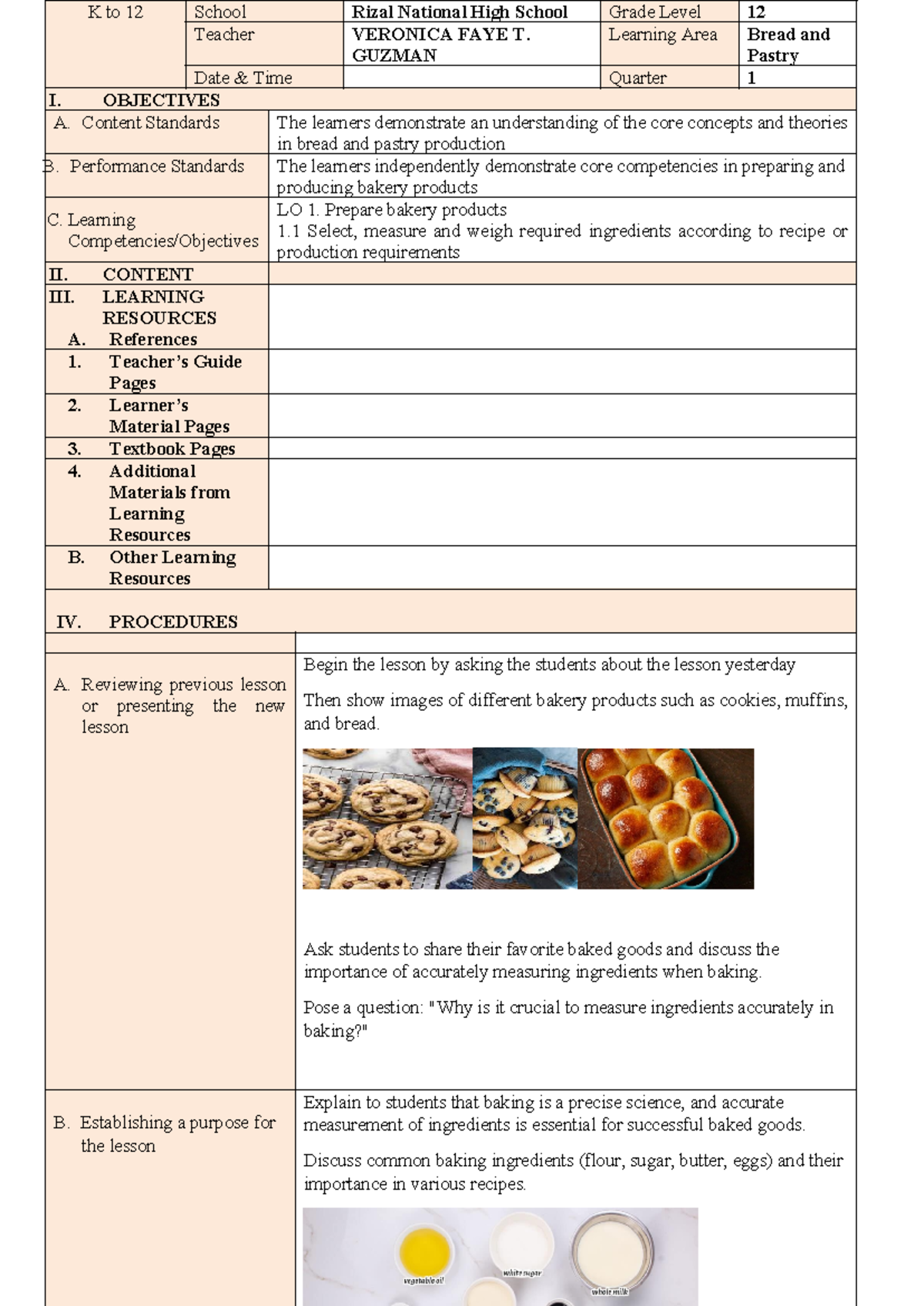 Bread and Pastry COT1 - Classroom Observation and Lesson Plan - Studocu