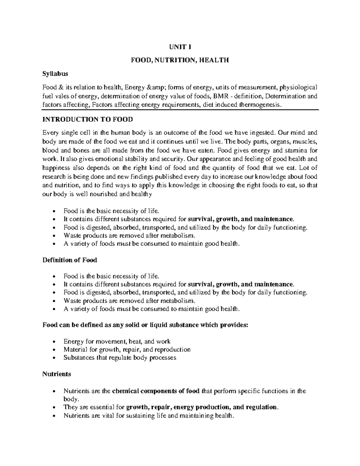 Introduction to Food and Nutrition: UNIT I Syllabus on Health and ...
