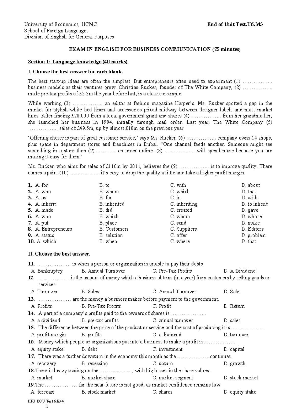 End of Unit 6 Test - English for Business Communication - Studocu