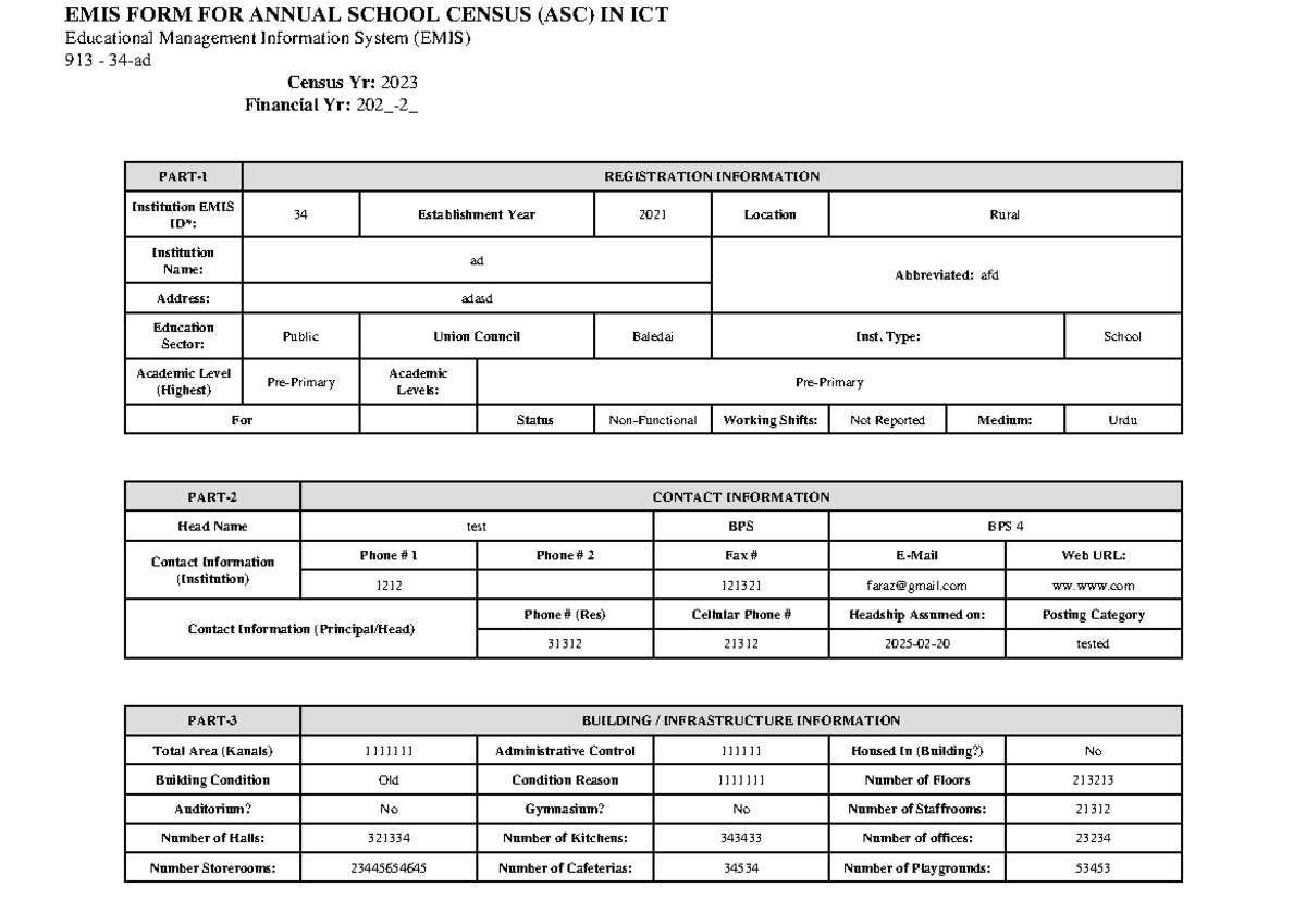 EMIS 913 Annual School Census Report 2023 - Studocu