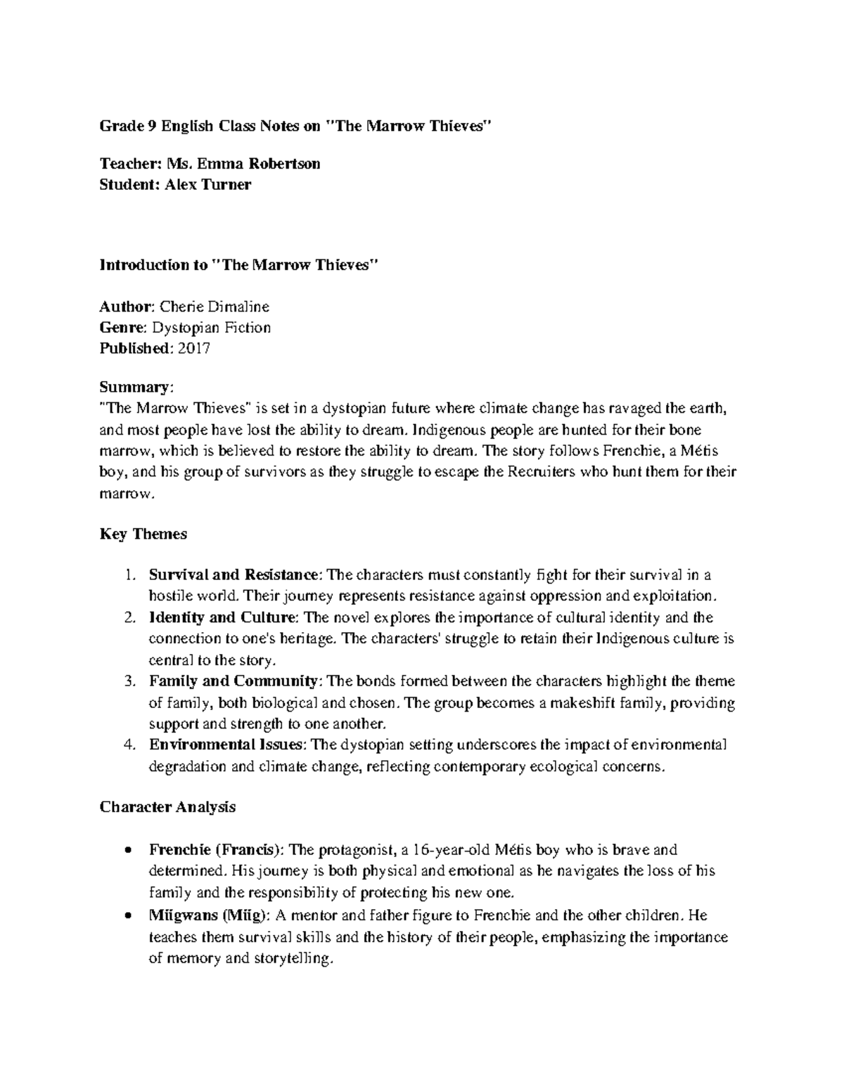 Grade 9 English Notes: Themes & Characters in "The Marrow Thieves ...