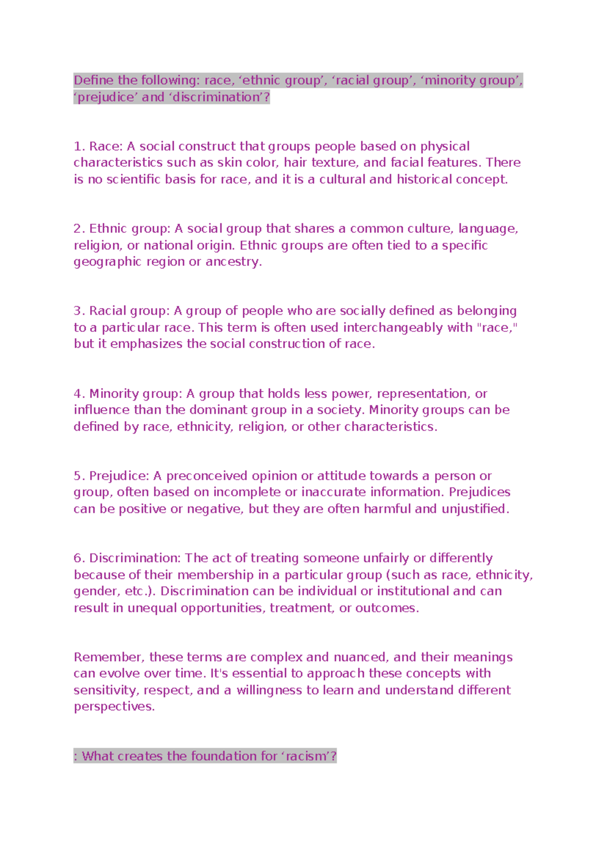 Sociology Tutorial Activity - Define the following: race, ‘ethnic group ...