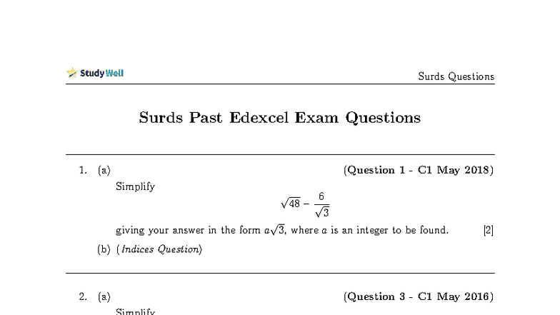 Surds Exam Questions - Edexcel C1 Past Papers - Studocu