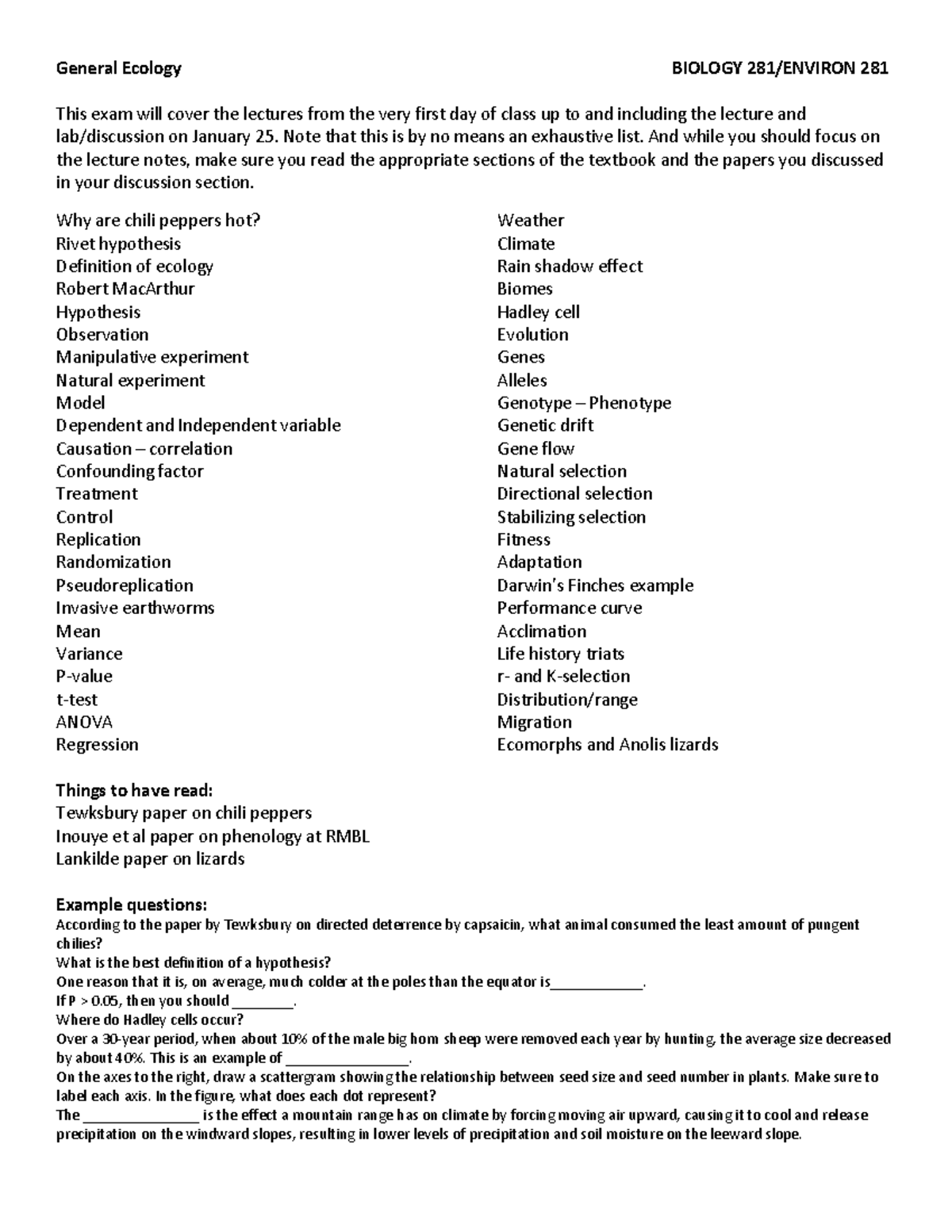 BIOLOGY 281/ENVIRON 281 Exam 1 Review: Key Ecology Concepts - Studocu