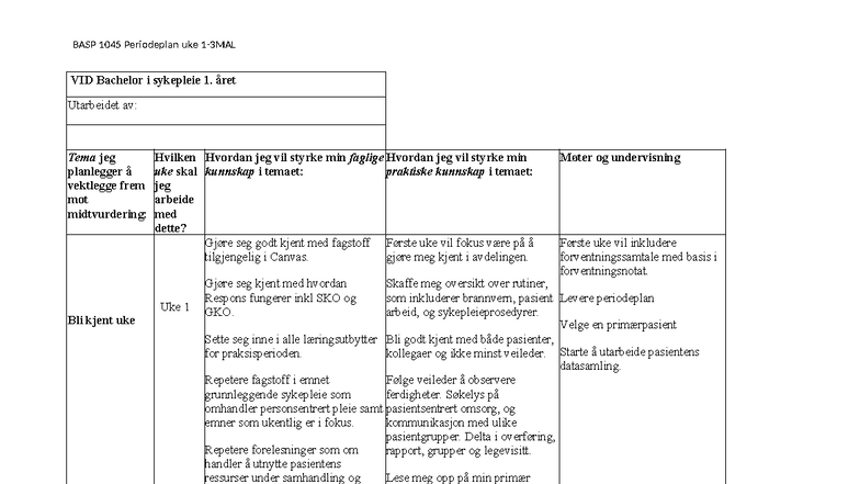 BASP 1045 Periodeplan for Praksis: Uke 1-3 i Sykepleie - Studocu