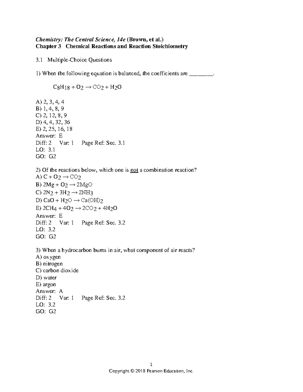 Chapter 03 - Chemical Reactions & Stoichiometry Test Bank - Studocu