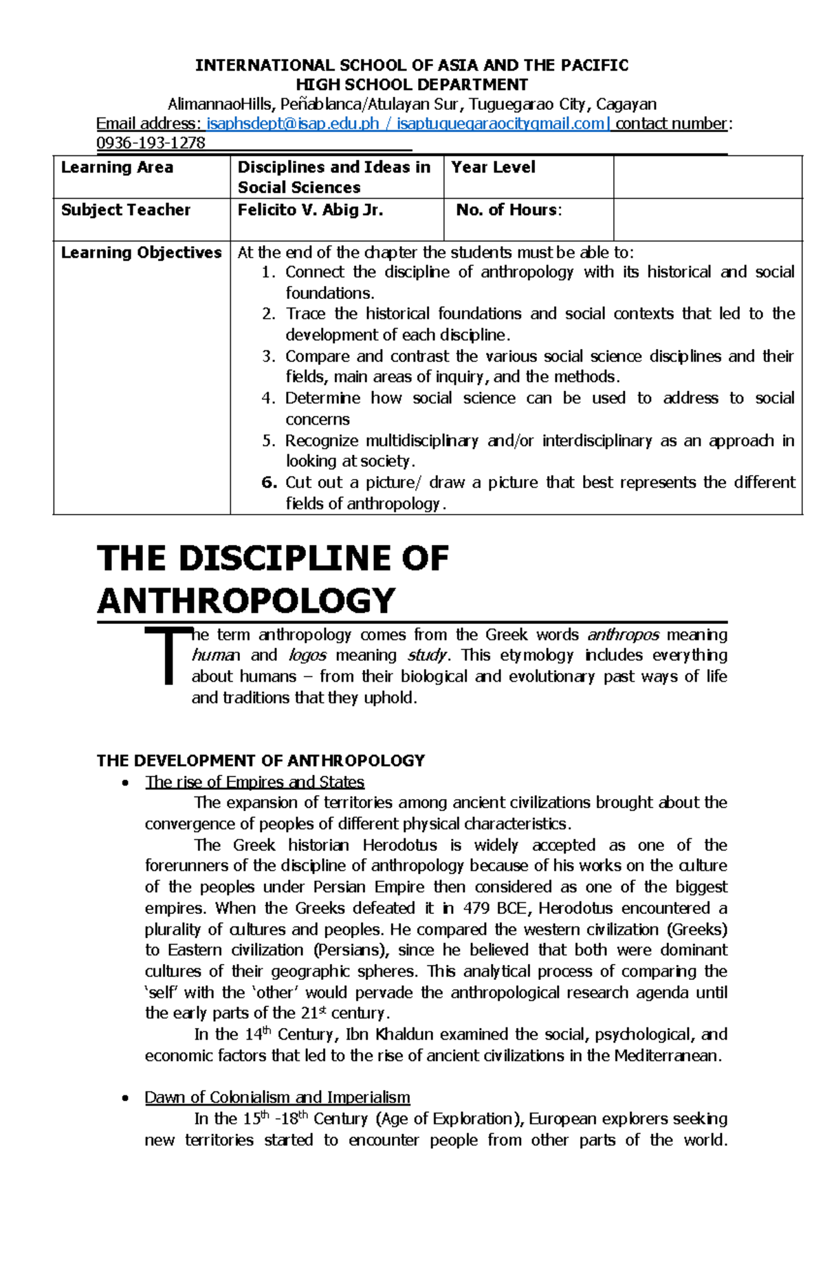 DISS 101: Understanding the Discipline of Anthropology and Its Contexts ...