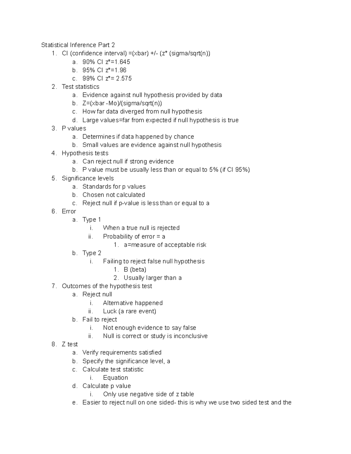 Test 3 notes - summary outline for test 3 - Statistical Inference Part ...