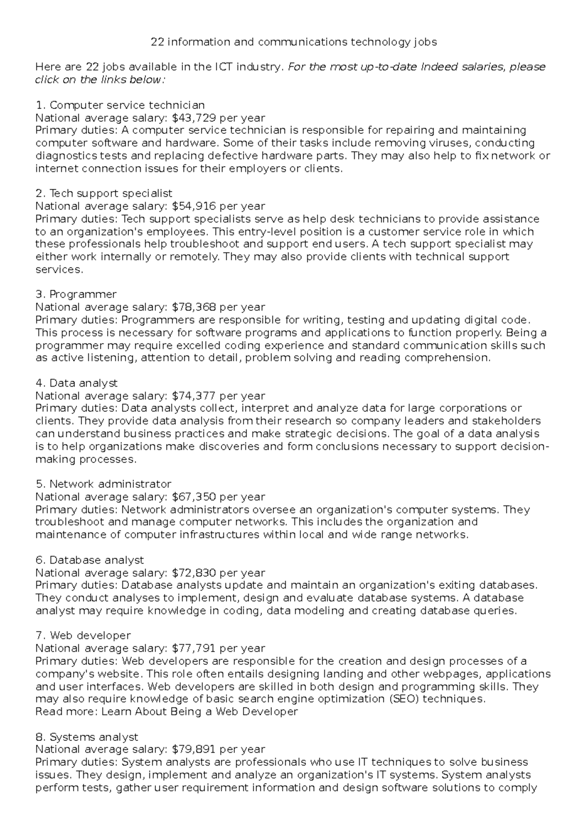 22 ICT Career Opportunities: Roles, Responsibilities & Salaries - Studocu
