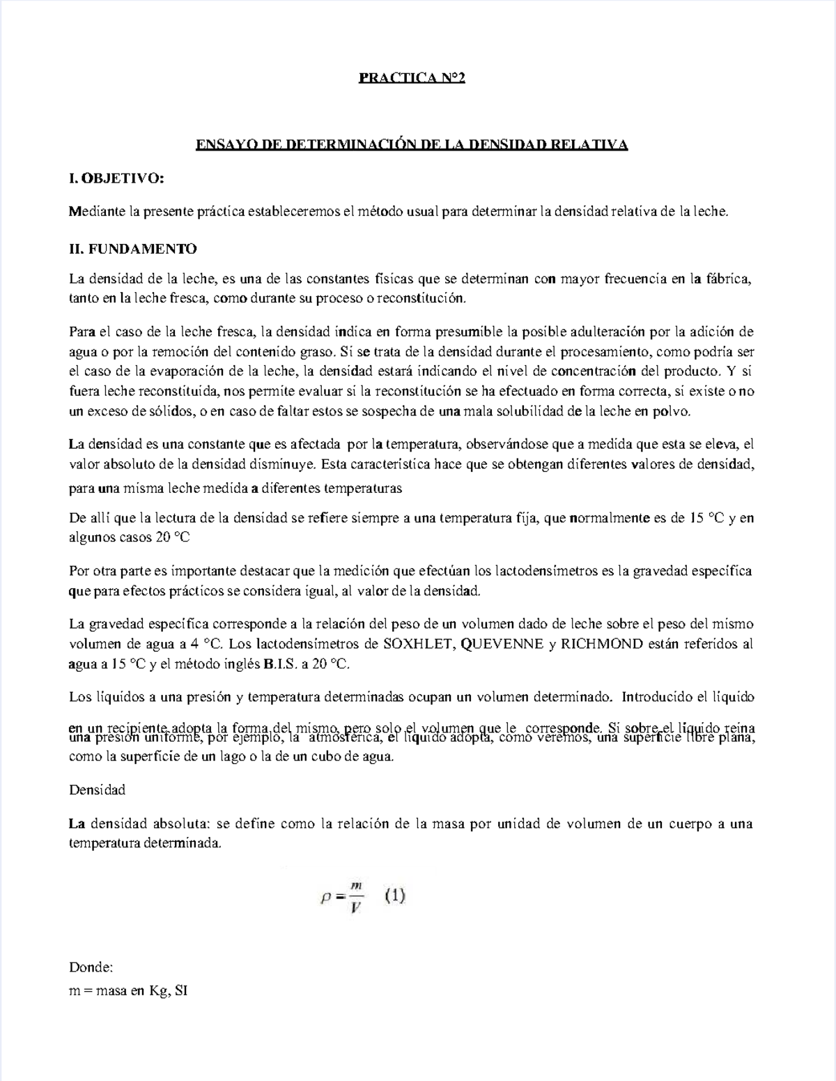 Práctica 2: Determinación de la Densidad Relativa de la Leche - Studocu