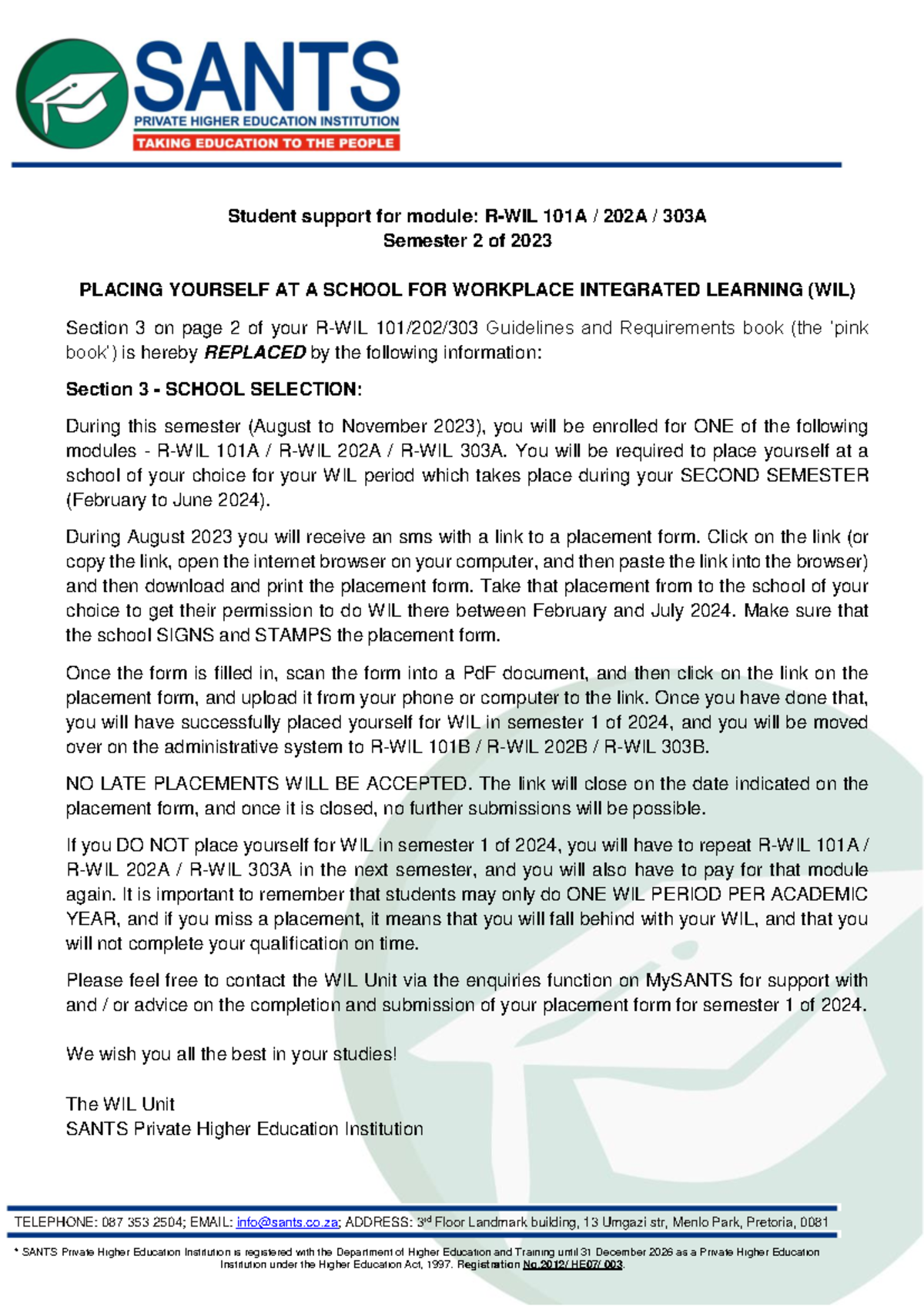 R-WIL Placement Instructions for Semester 2 of 2023 - Studocu