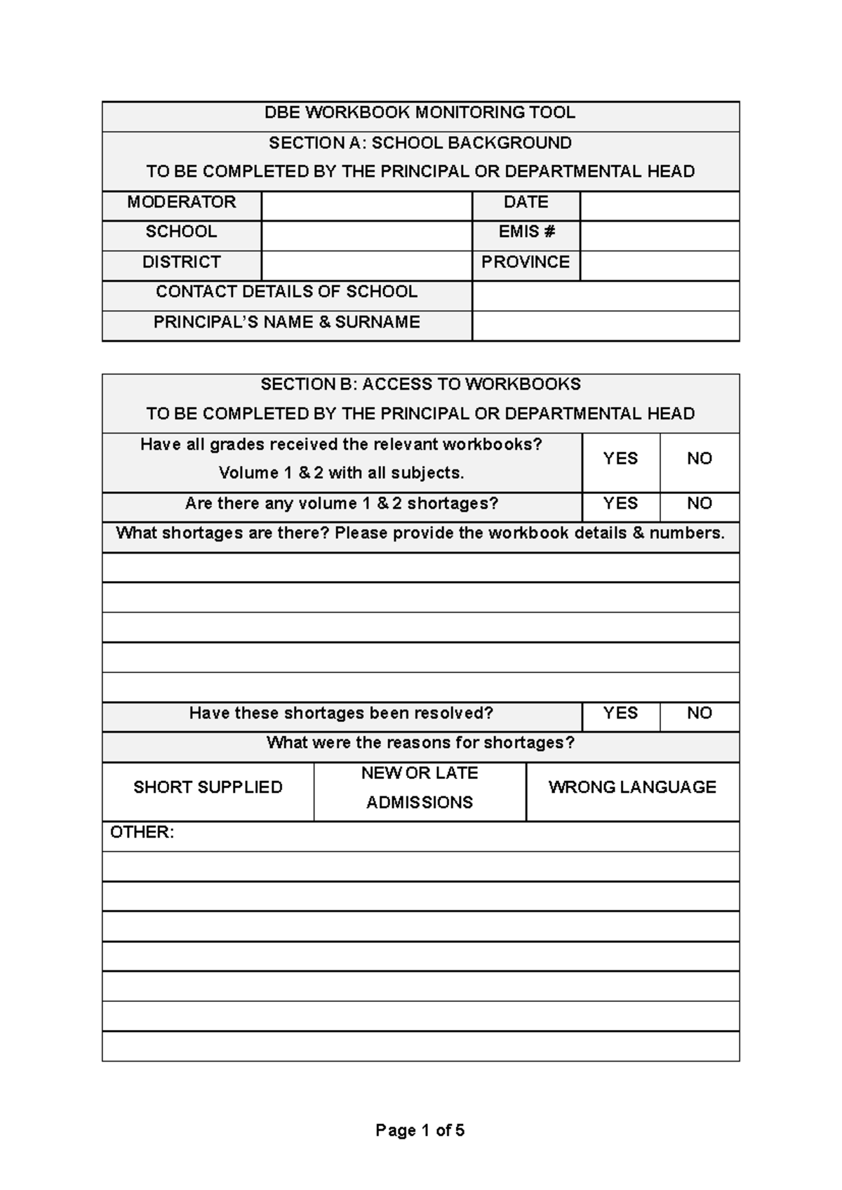 DBE Workbook Monitoring Tool: School Background & Usage Assessment ...