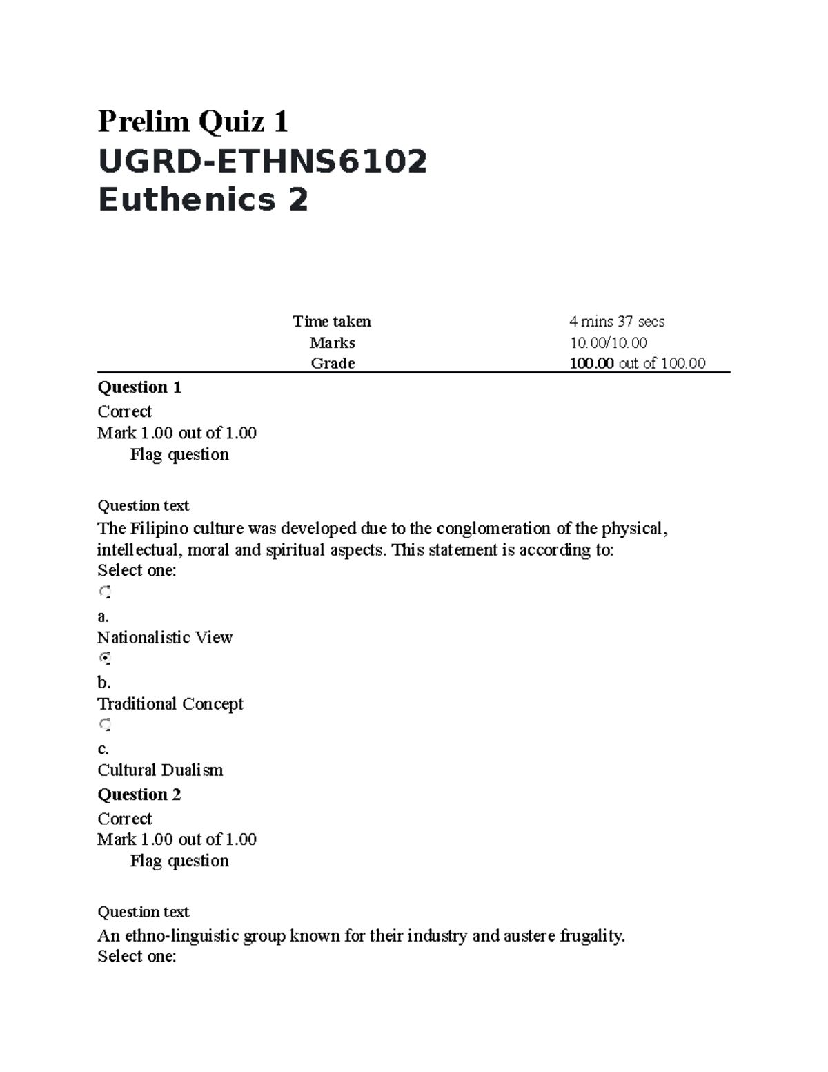 UGRD-ETHNS6102 Euthenics 2 Prelim Quiz 1 - Prelim Quiz 1 UGRD-ETHNS Euthenics 2 Time taken 4 ...
