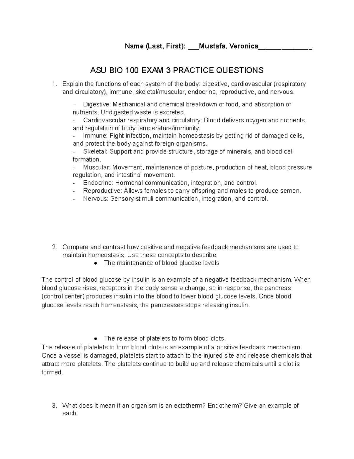 ASU BIO 100 Exam 3 review questions on body systems and homeostasis ...