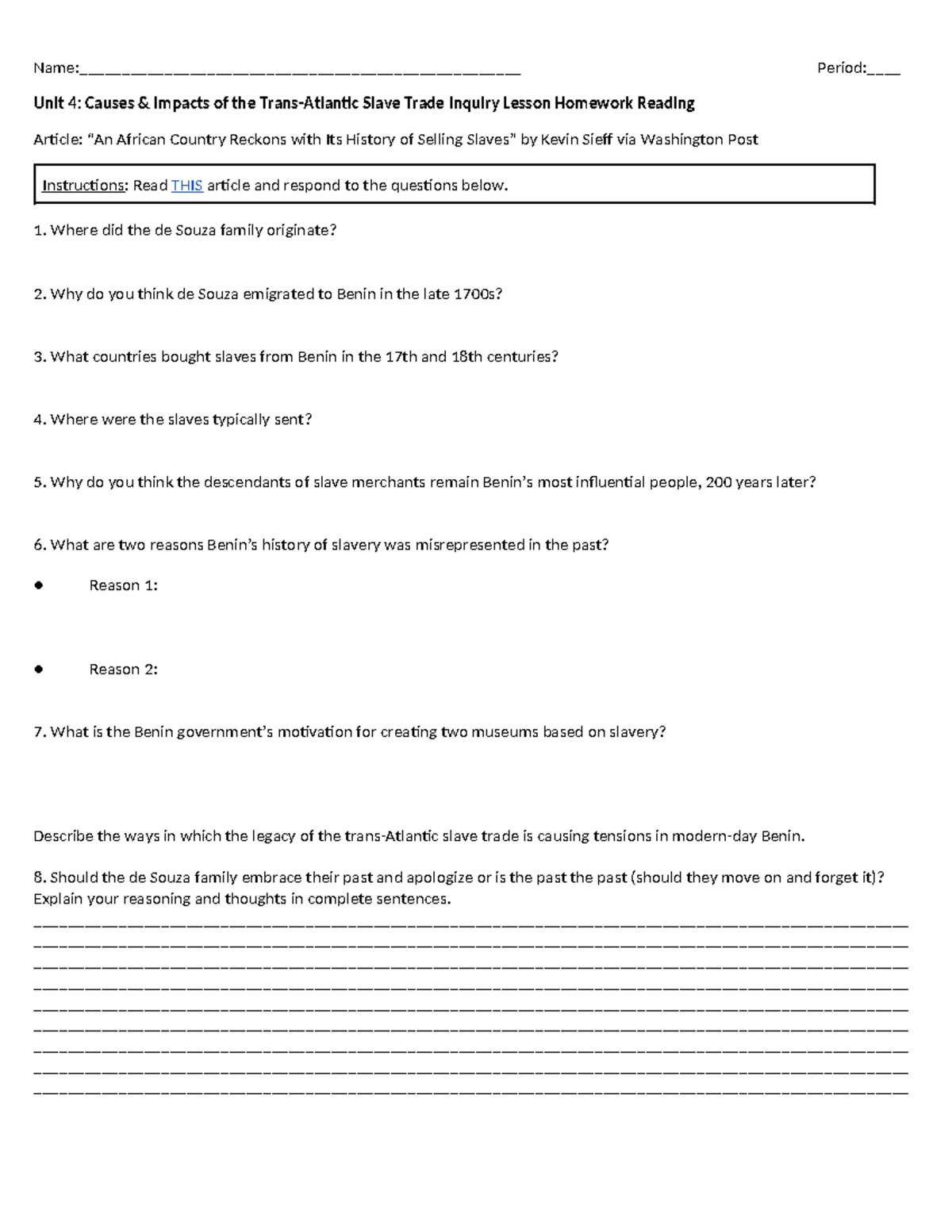 Unit 4: Inquiry Lesson on Trans-Atlantic Slave Trade Impact - Studocu