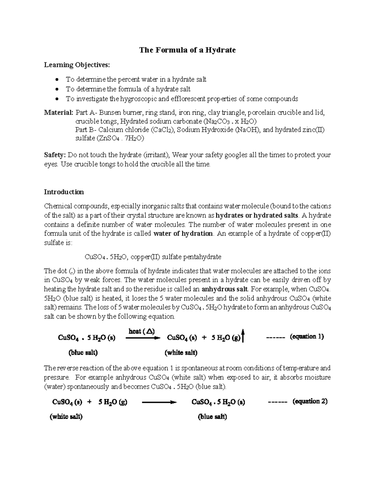 Hydrate Analysis and Properties: Chem 21504 Lab Report - Studocu