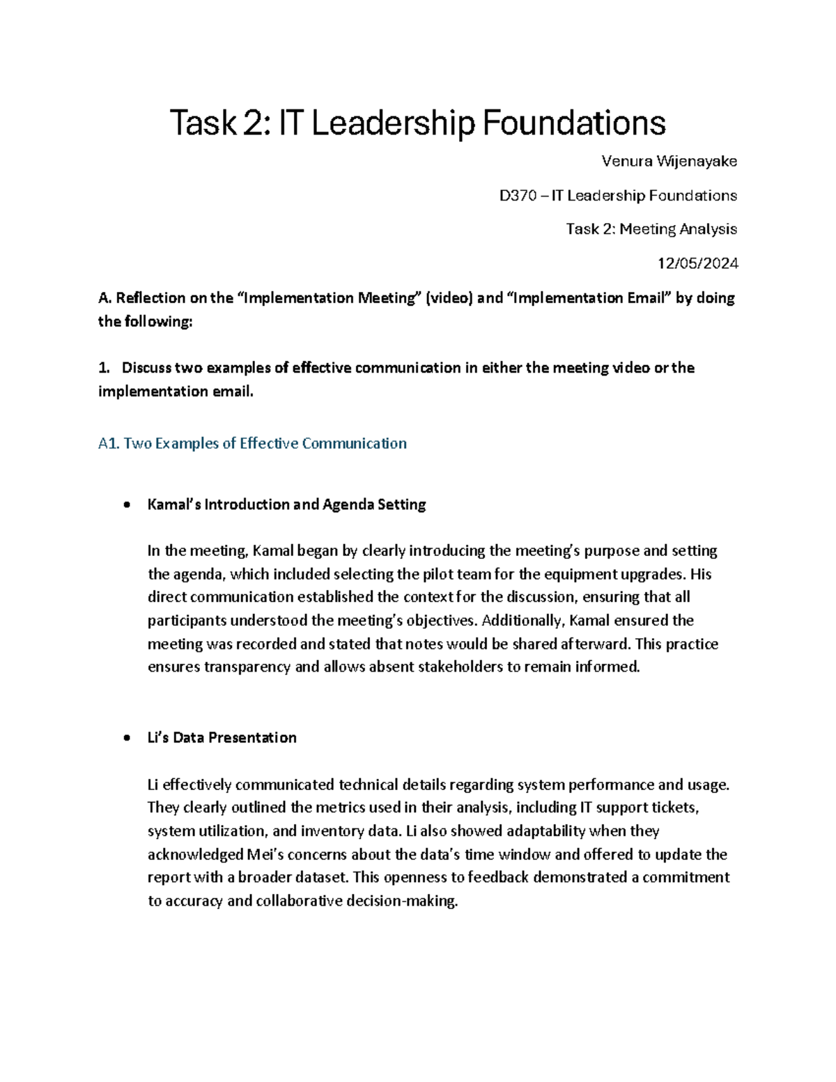 Task 2 D370 – Analysis of Communication in IT Leadership Meetings - Studocu