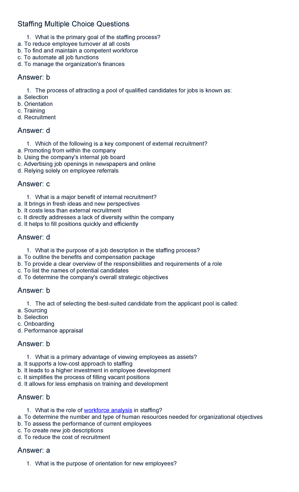 BA 111 Quiz: Staffing Multiple Choice Questions & Answers - Studocu