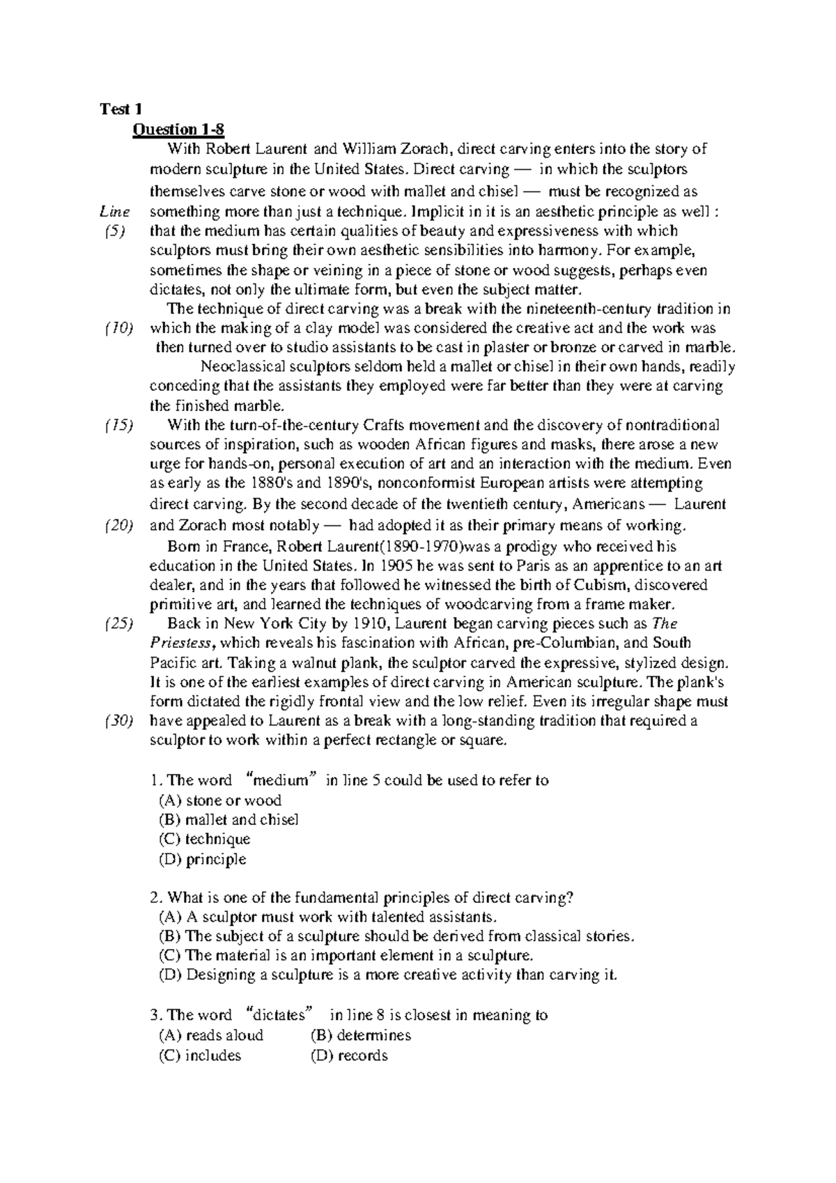 TOEFL Reading Practice Test 1 - Insights into Direct Carving - Studocu