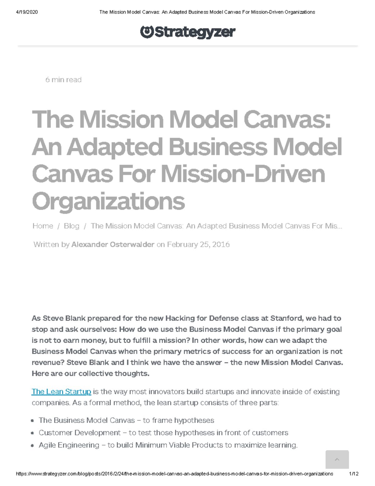 Mission Model Canvas: Adapting Business Models for Non-Profits and NGOs ...
