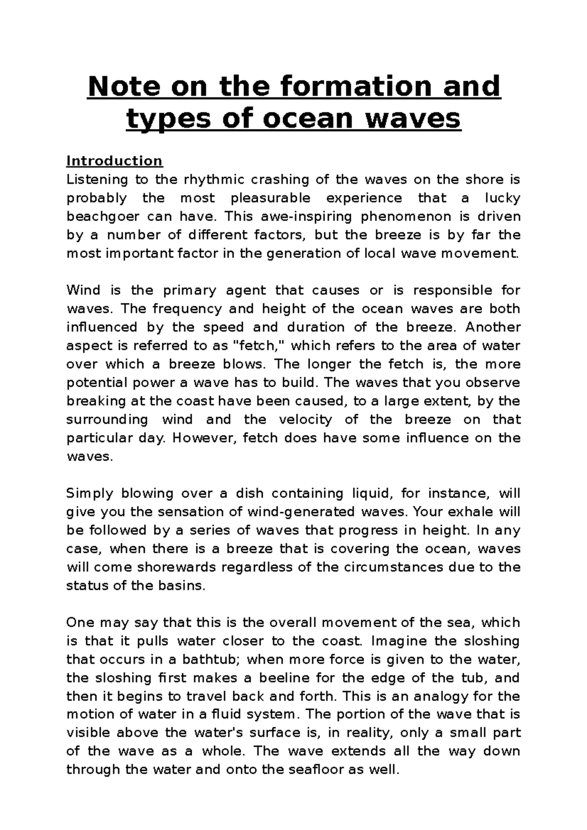 Note on Ocean Wave Formation & Types: Understanding Their Impact - Studocu