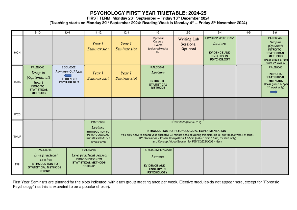 PSY PALS0046: 1st Year Timetable for Term 1 (2024-2025) - Studocu