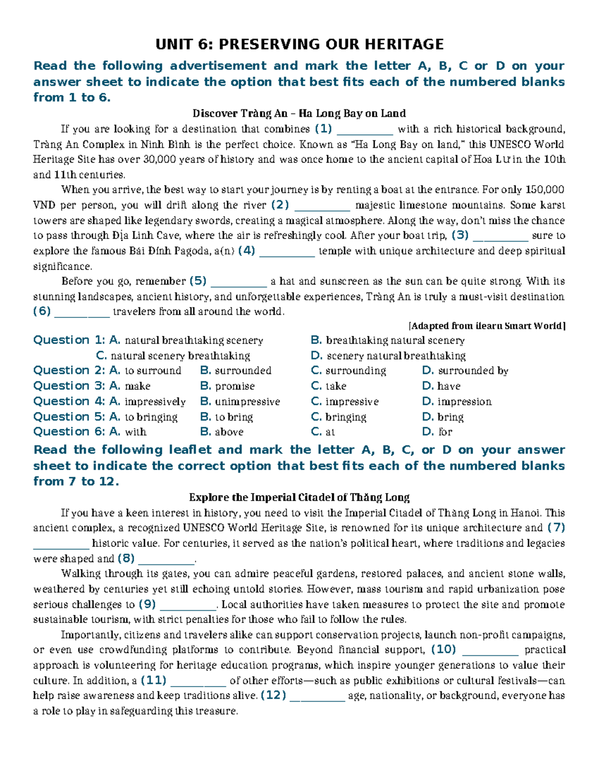 UNIT 6: PRESERVING OUR HERITAGE - Practice Questions and Answers - Studocu