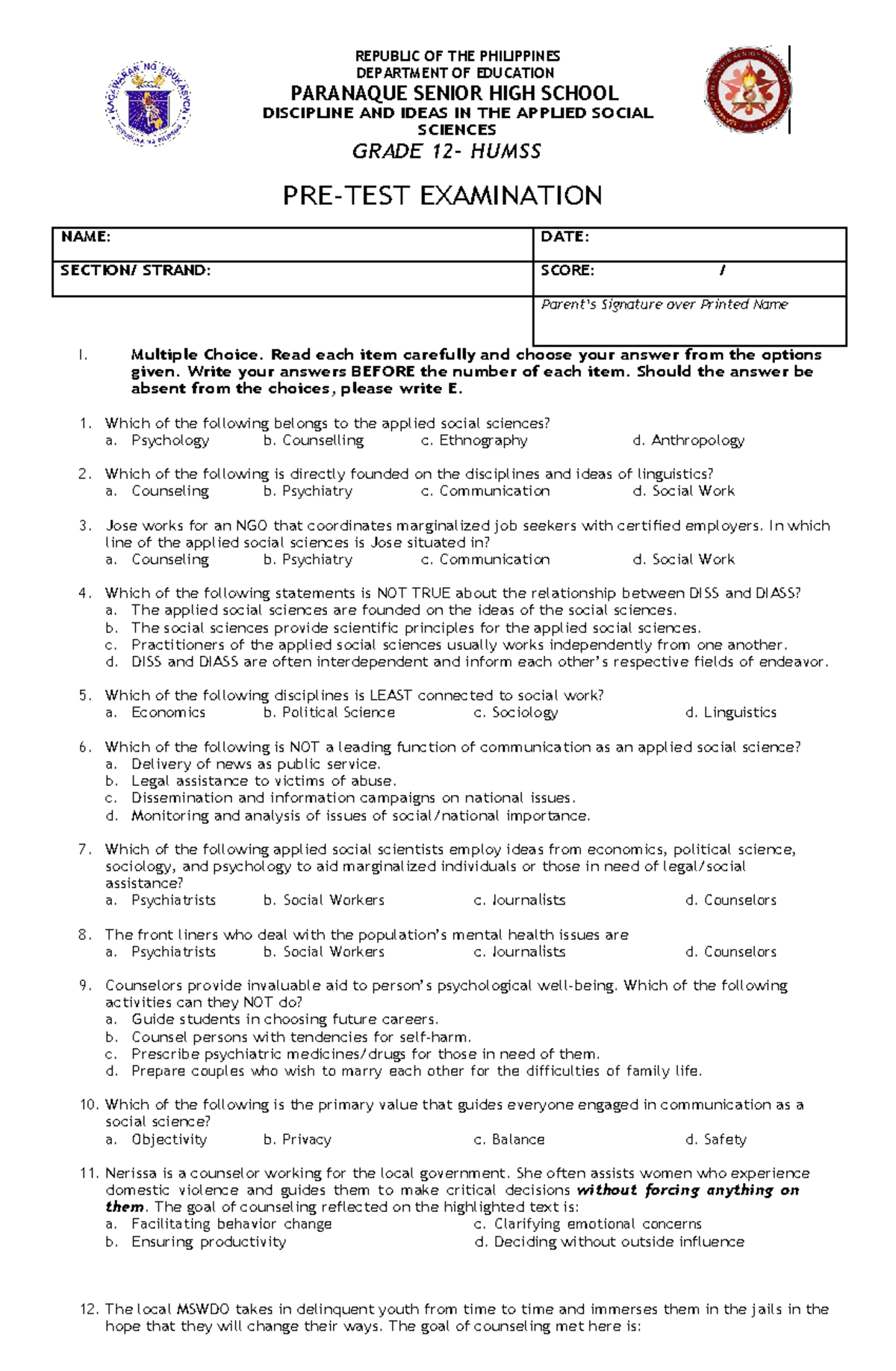 Grade 12 HUMSS - DIASS First Periodical Test Examination - Studocu