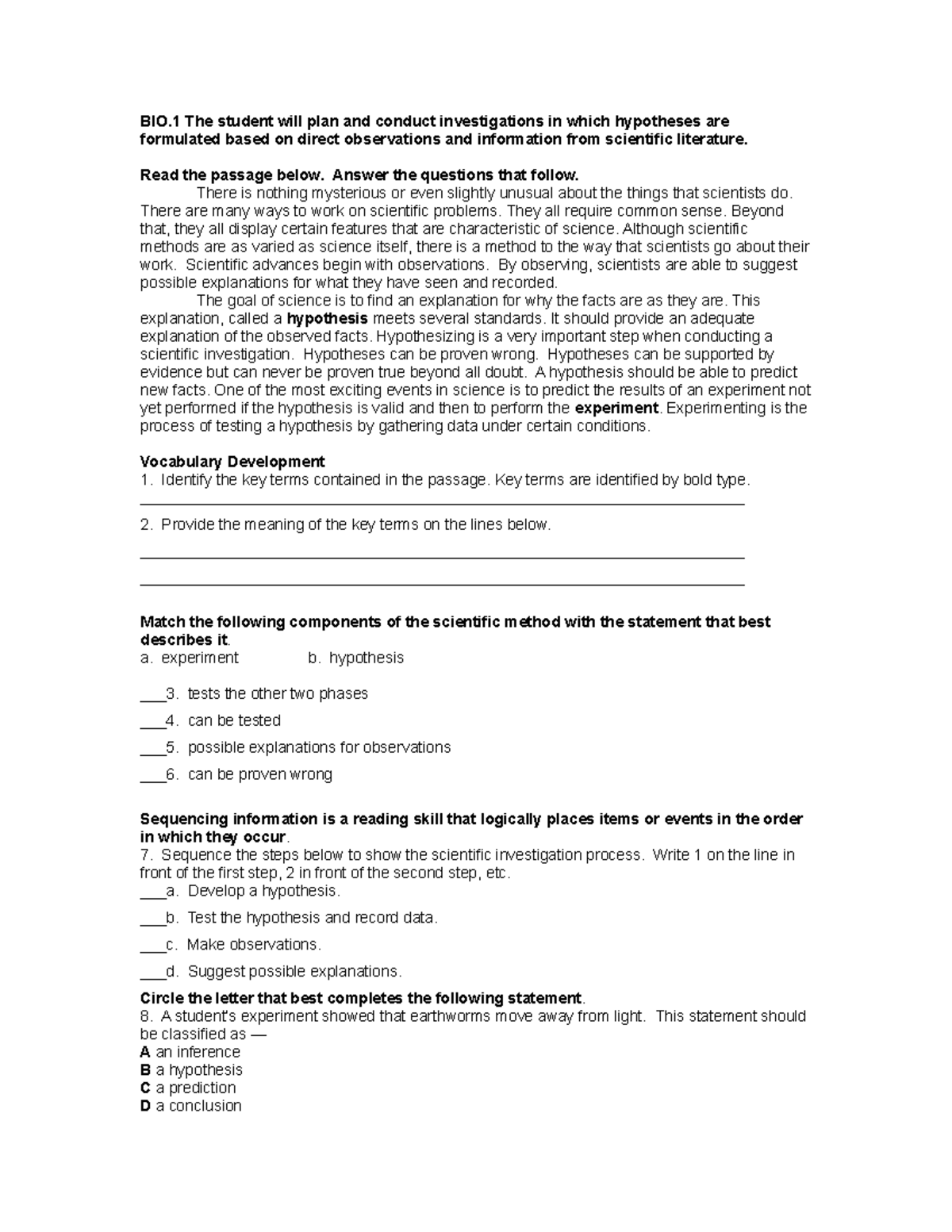 BIO 1 Scientific Hypotheses and Investigation Procedures Guide - Studocu