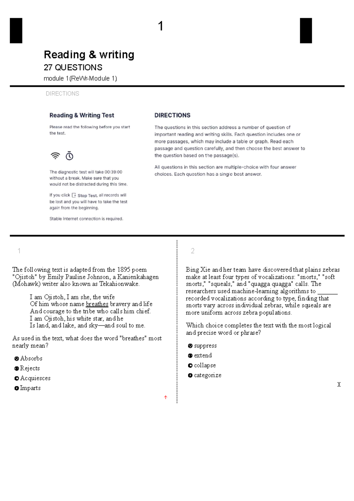 SAT English Prep: Module 1 Reading & Writing Questions - Studocu