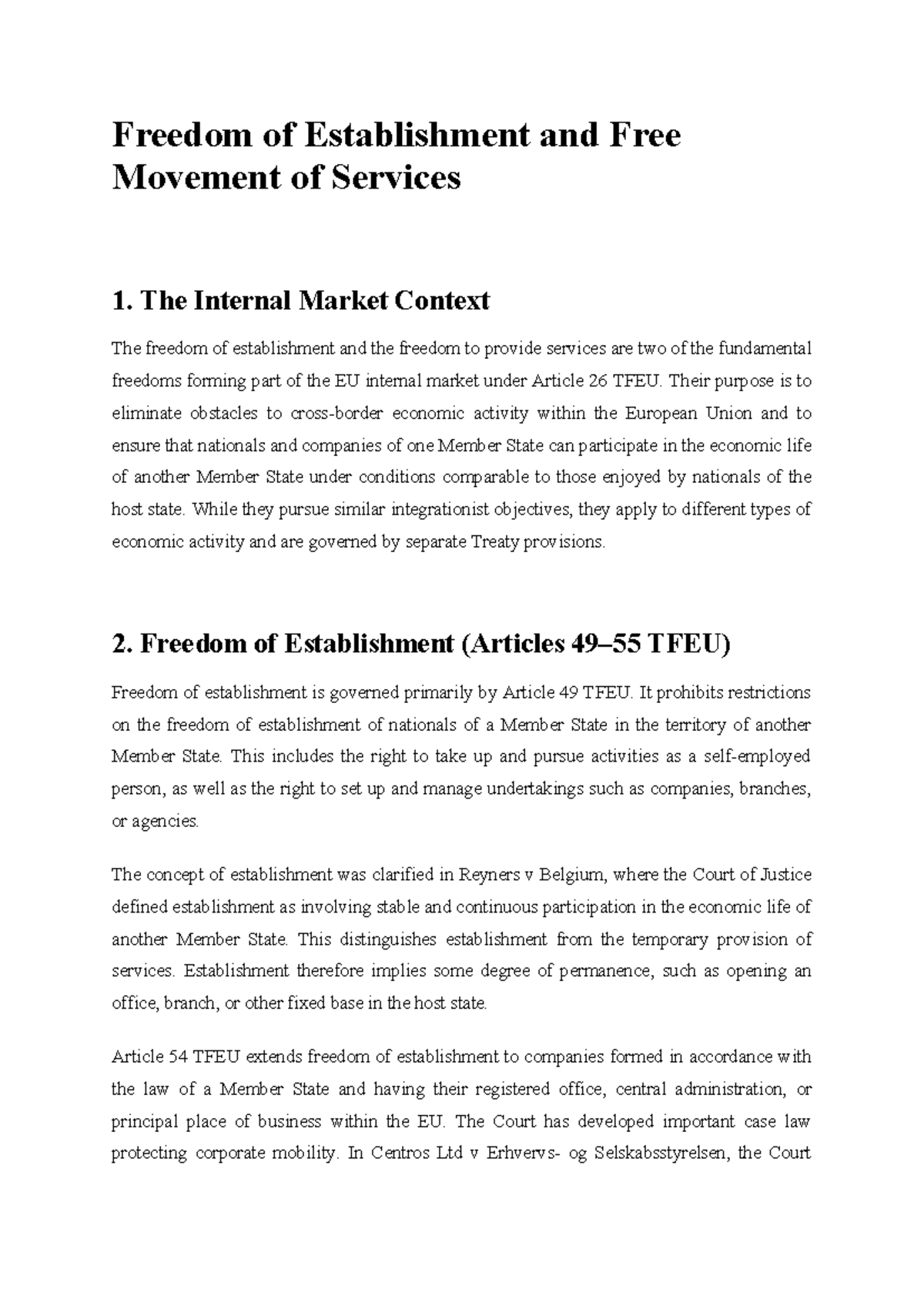 EU Internal Market: Freedom of Establishment & Services Overview - Studocu