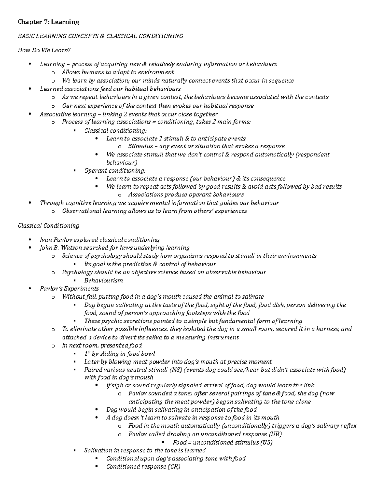 Chapter 7-Learning - Summary Psychology - Chapter 7: Learning BASIC LEARNING CONCEPTS CLASSICAL ...