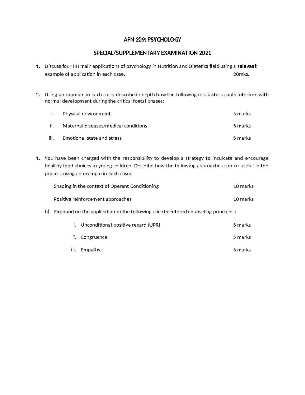 AFN 209: Psychology Supplementary Exam Questions & Applications - Studocu