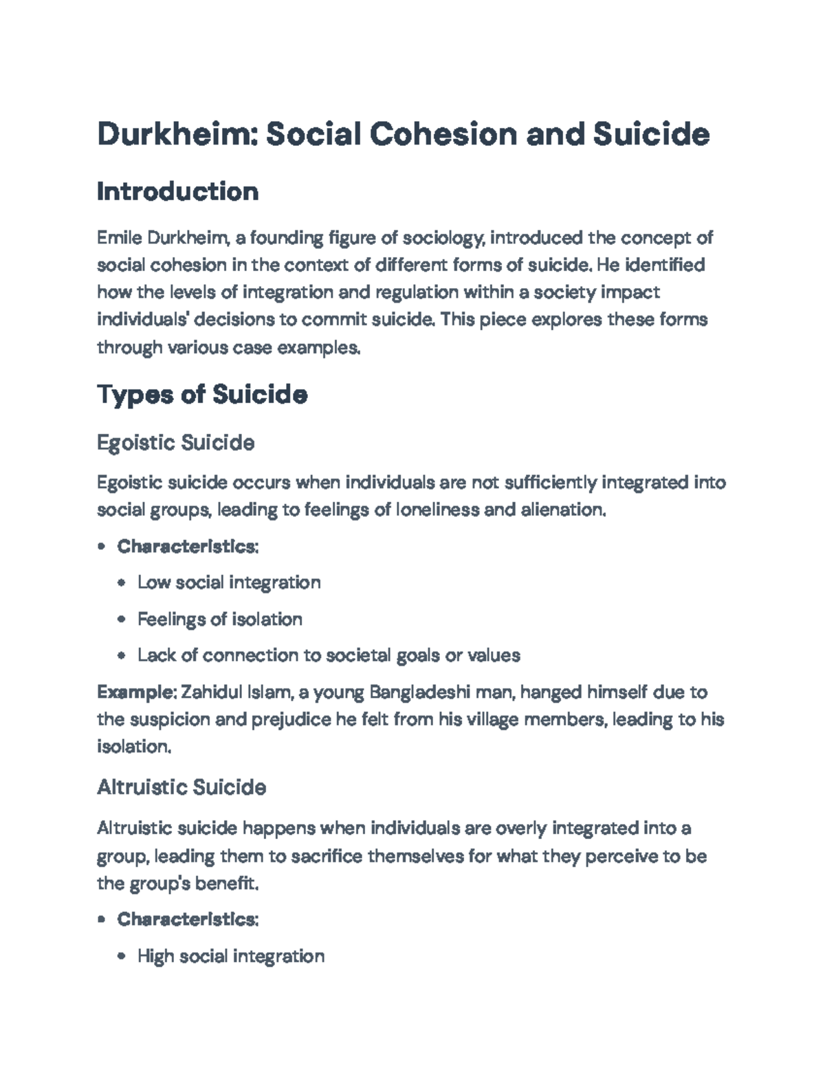 Durkheim's Typology of Suicide: Social Cohesion and Case Analysis ...