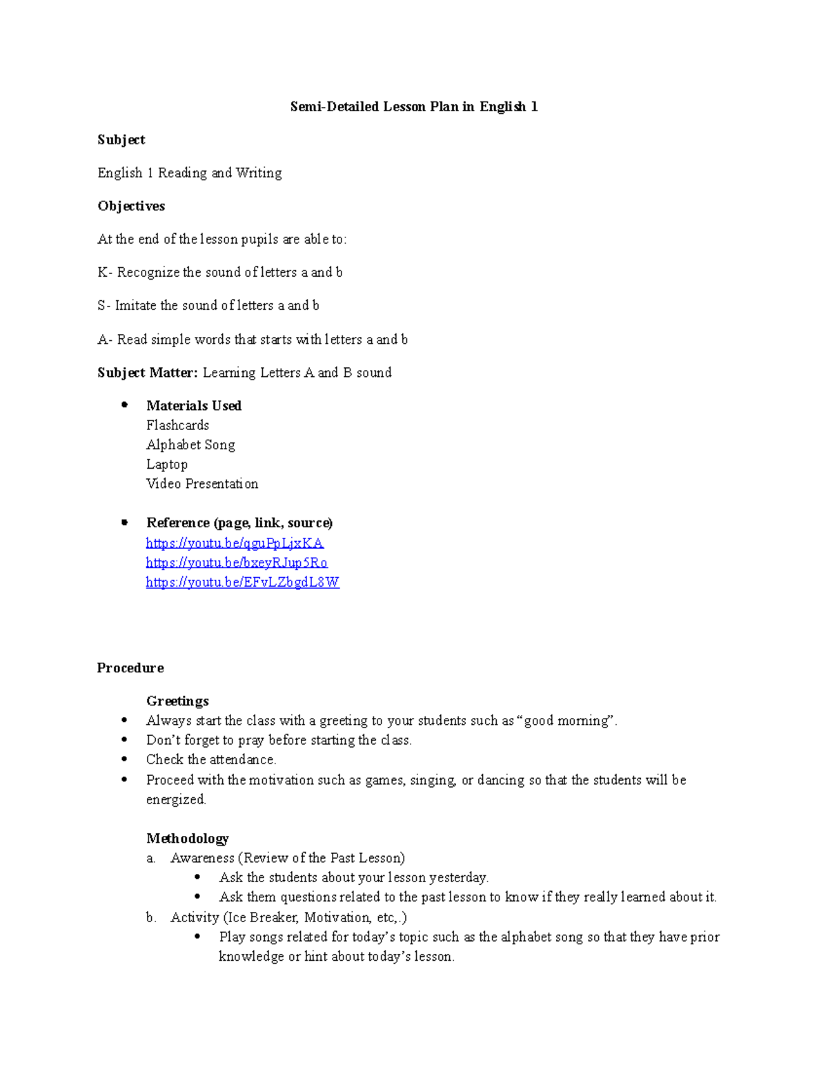 Semi-Detailed Lesson Plan for English 1: Learning A & B Sounds - Studocu