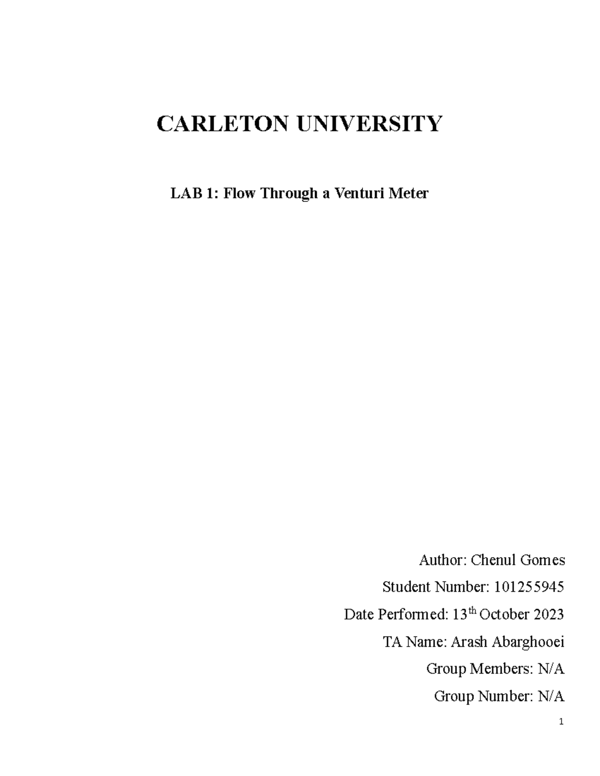 Flow Through a Venturi Meter (LAB 1 - Report) - CARLETON UNIVERSITY LAB 1 : Flow Through a ...