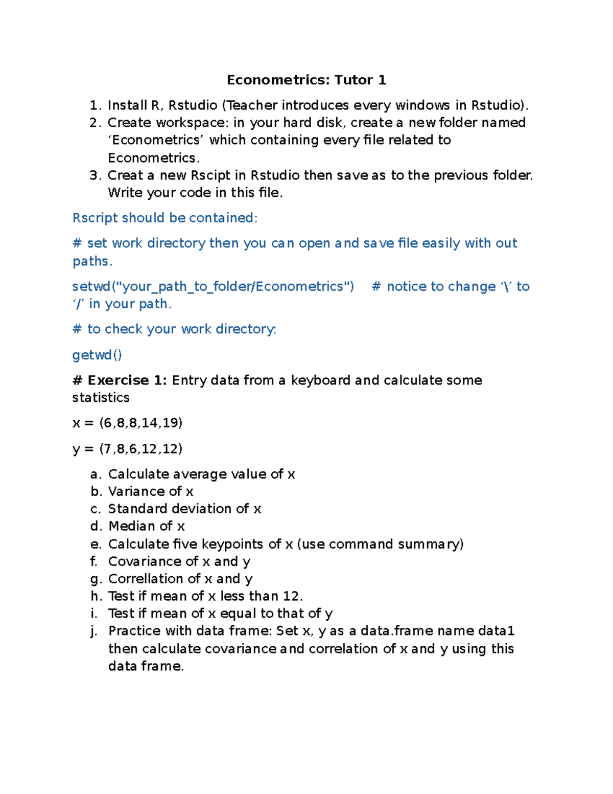 Econometrics: Tutor 1 - R Basics & Data Analysis Exercises - Studocu