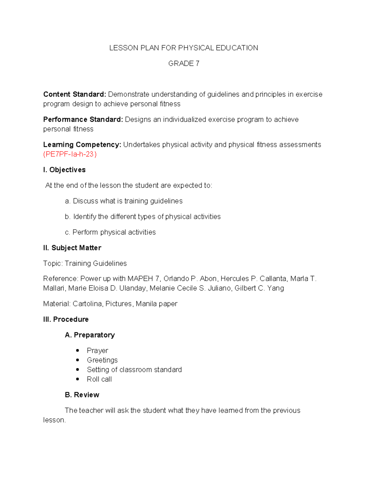 PE LP - Lesson Plan - LESSON PLAN FOR PHYSICAL EDUCATION GRADE 7 ...
