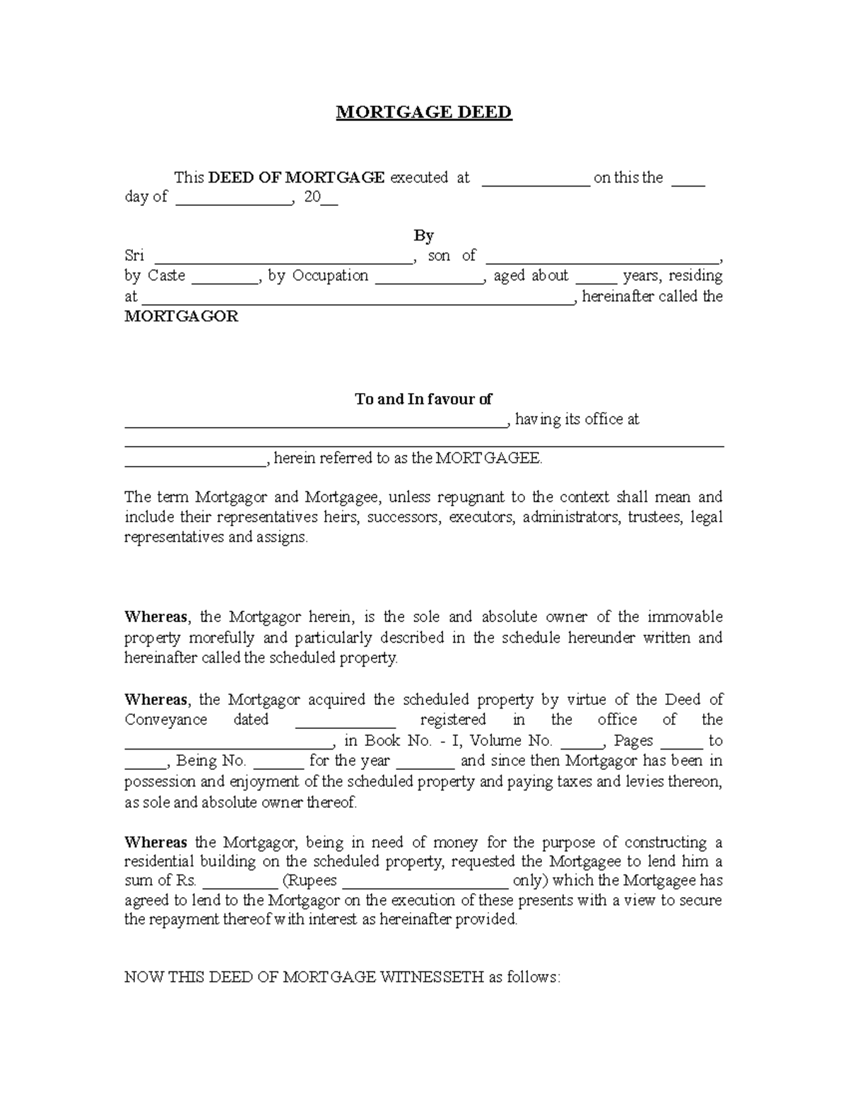 Simple Mortgage Deed Template for Legal Use - Studocu