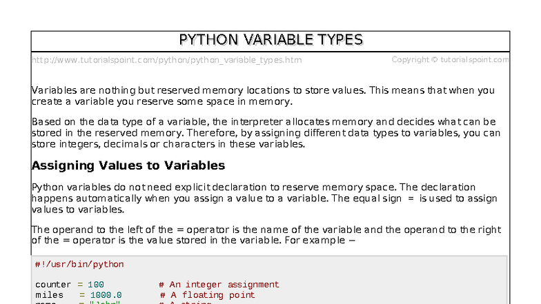 PYTHON VARIABLE TYPES: Understanding Data Storage and Assignment - Studocu