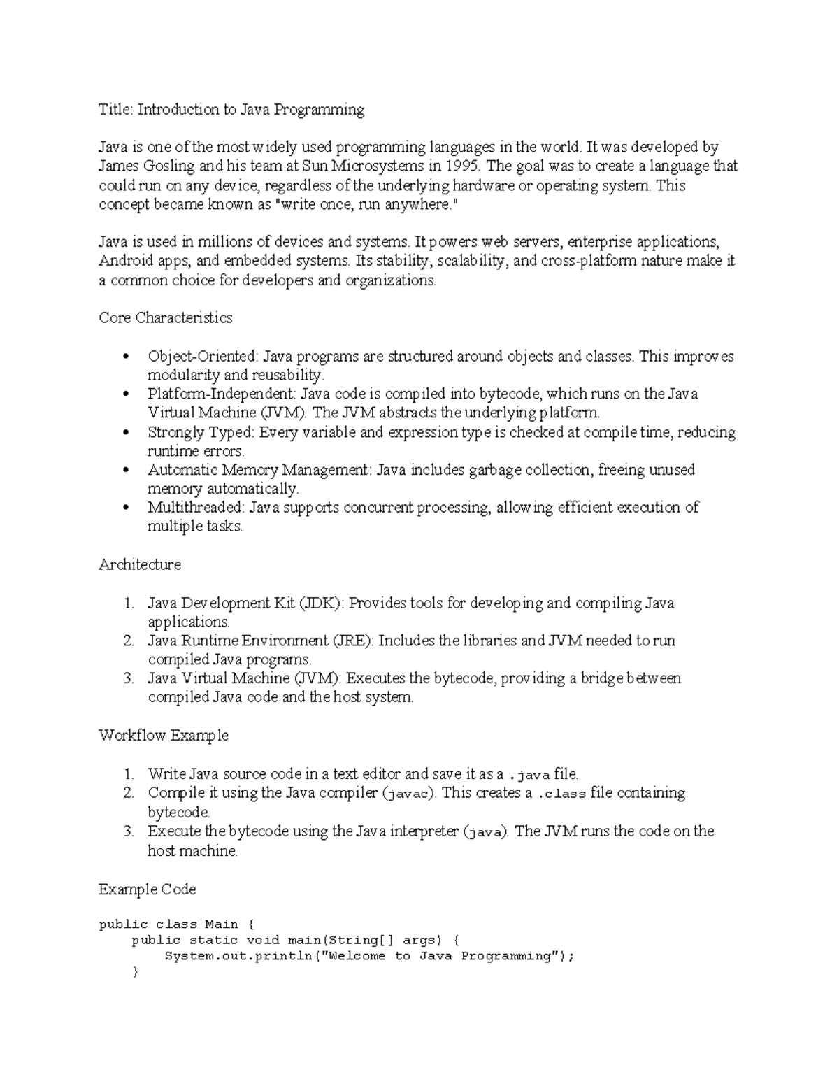 Java Programming Overview: Key Concepts & Applications - Studocu