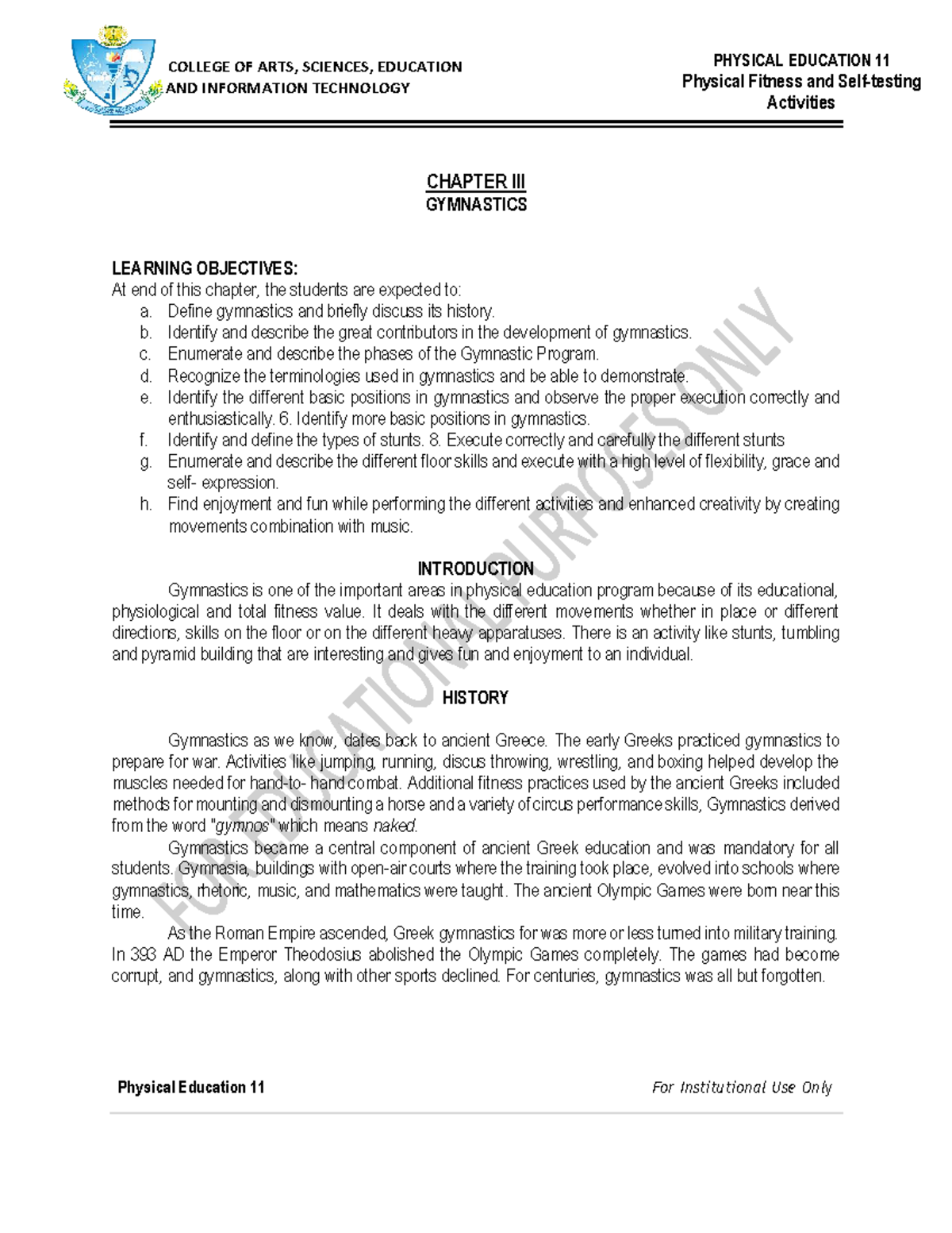 PE 11 Final Exam Module: Gymnastics Learning Objectives and History ...