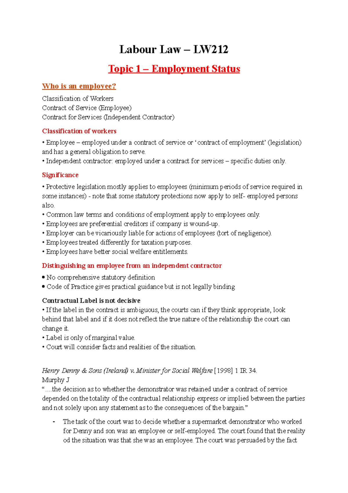 Labour Law LW212: Employment Status & Worker Classification Overview ...