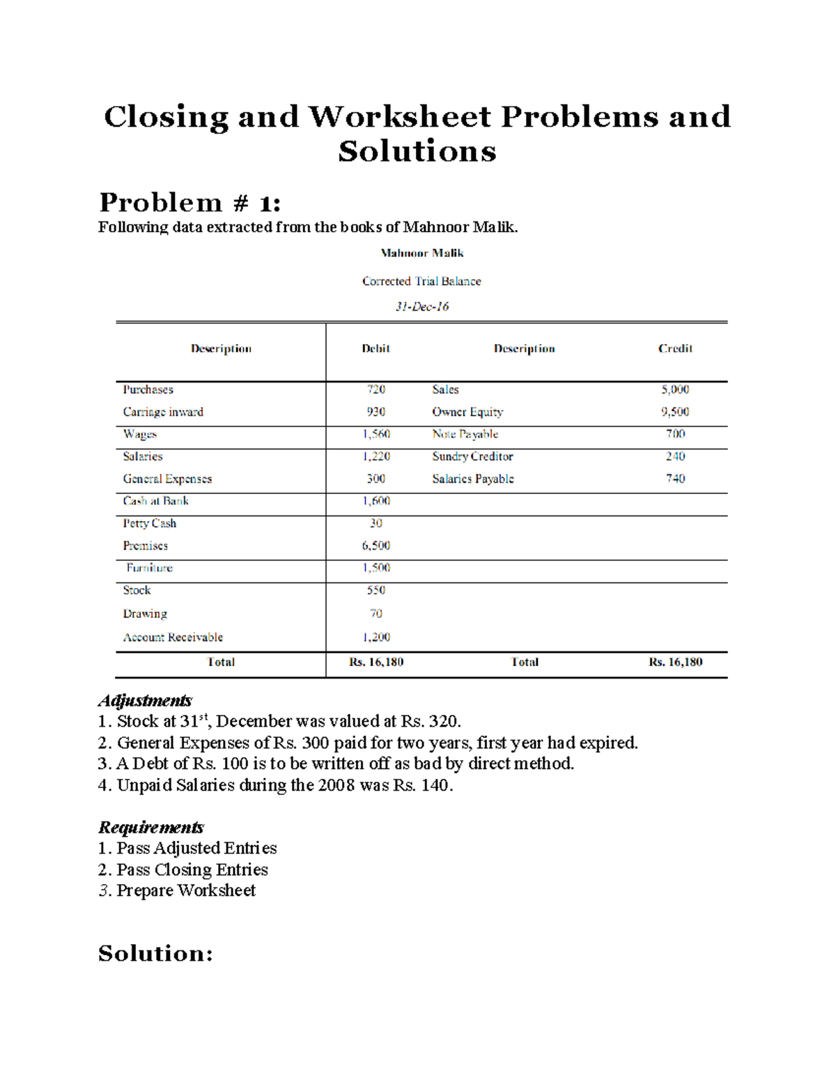 Closing and Worksheet Problems and Solutions - Closing and Worksheet ...